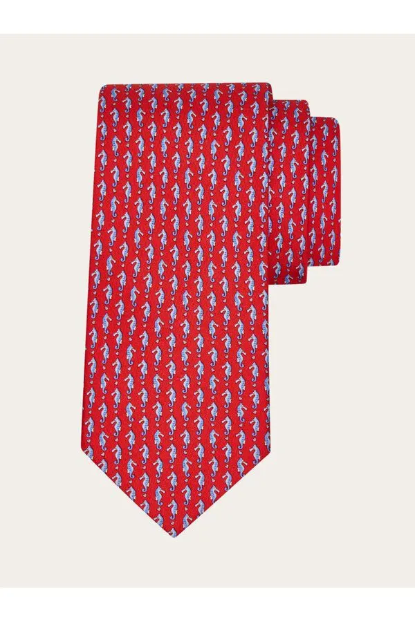 FERRAGAMO Seahorse Print Silk Neck Tie - Red