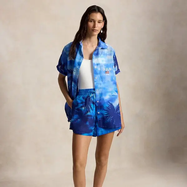 Ralph Lauren Tropical Print Cotton Button-up Shirt And Drawstring Shorts Set - Scenic
