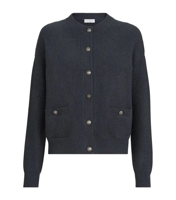 Brunello Cucinelli Ribbed Cashmere-blend Cardigan With Metallic Threads