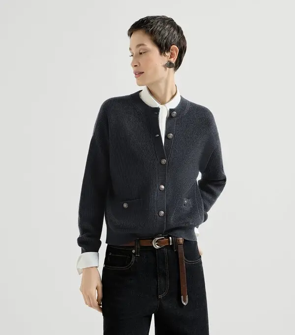 Brunello Cucinelli Ribbed Cashmere-blend Cardigan With Metallic Threads