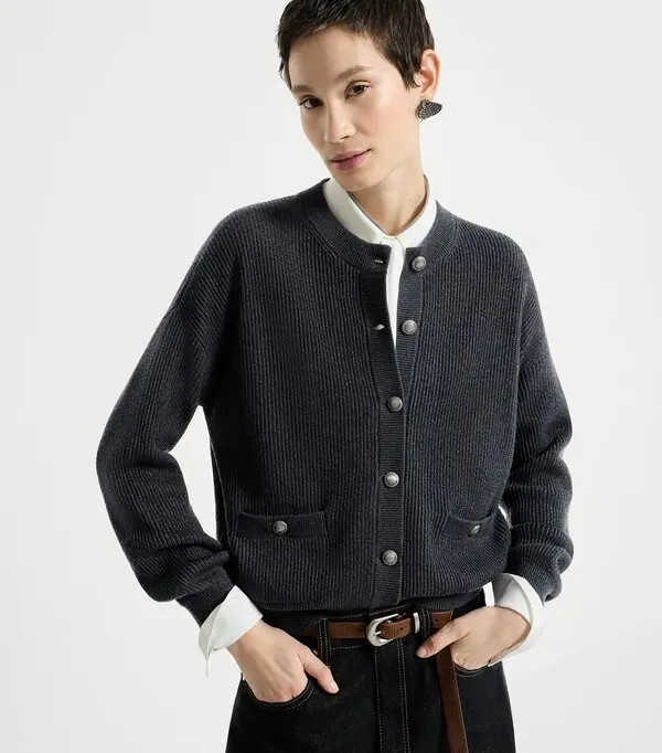 Brunello Cucinelli Ribbed Cashmere-blend Cardigan With Metallic Threads