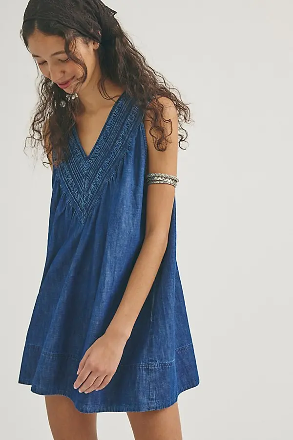 Free People Preston Pleated Denim Mini Dress - True Blue Wash