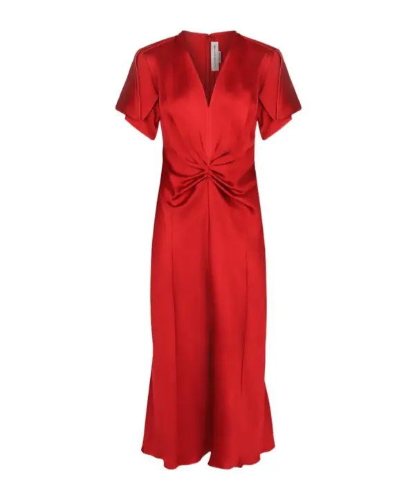 Victoria Beckham Pleated V-neck Midi Dress - Red
