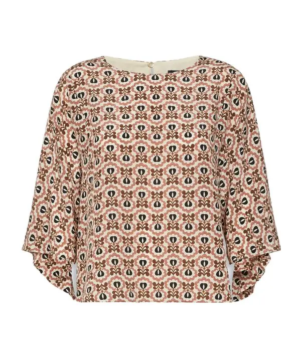 Max Mara Printed Silk Crepe De Chine Blouse With Tie Detail - Nude