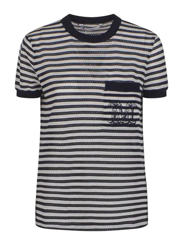 Max Mara Striped Knit T-shirt With Embroidered Monogram Detail - White/blue