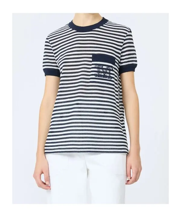 Max Mara Striped Knit T-shirt With Embroidered Monogram Detail - White/blue