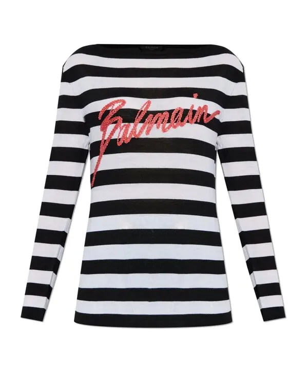 Balmain Striped Long Sleeve Jumper With Logo Embellishment