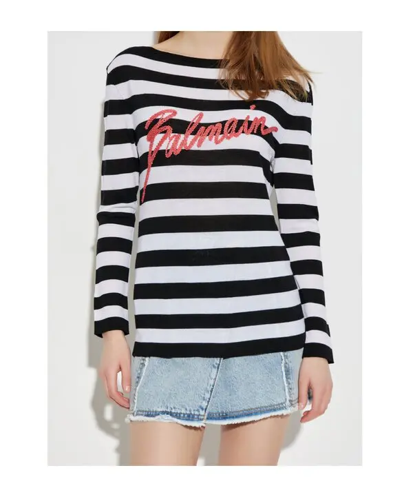 Balmain Striped Long Sleeve Jumper With Logo Embellishment