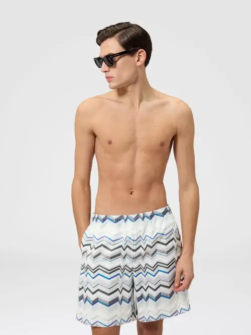 UM Long Swim Shorts With Irregular Zigzag Print - Light Blue