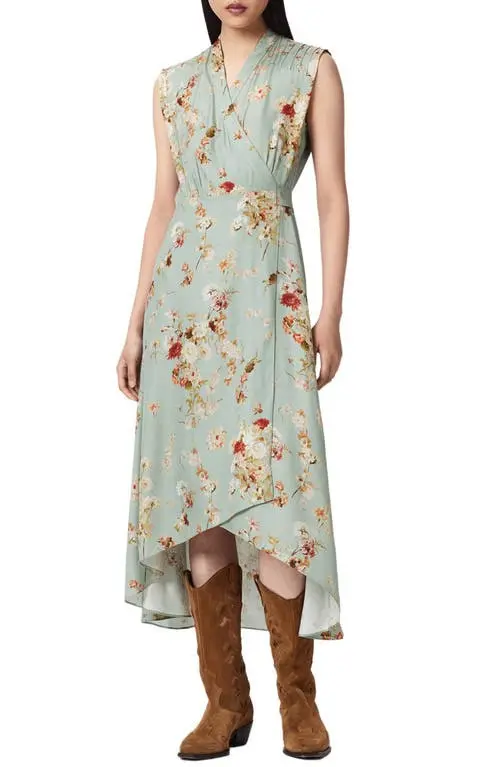 ALLSAINTS Mira Floral Silk Blend Faux Wrap Midi Dress - Armada Powder Blue