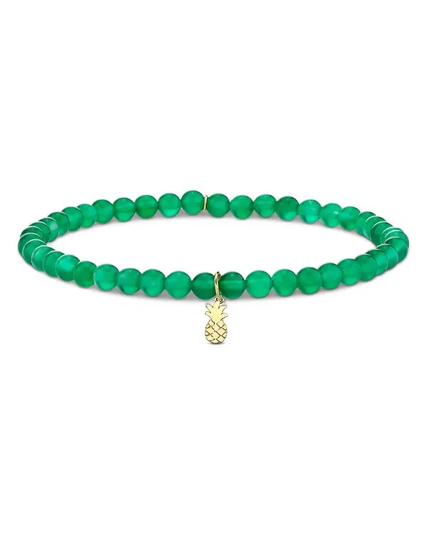 SYDNEY EVAN 14k Yellow Pineapple Charm Green Onyx Beaded Bracelet - Gold