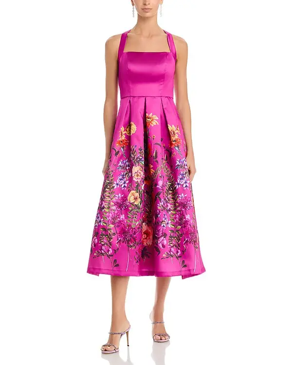 Eliza J Square Neck Pleated Floral Print Dress