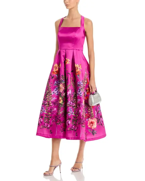 Eliza J Square Neck Pleated Floral Print Dress