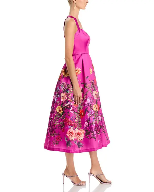 Eliza J Square Neck Pleated Floral Print Dress