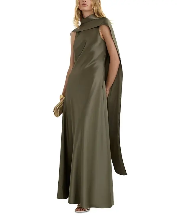 REISS Fae Satin Cape Dress - Khaki Green