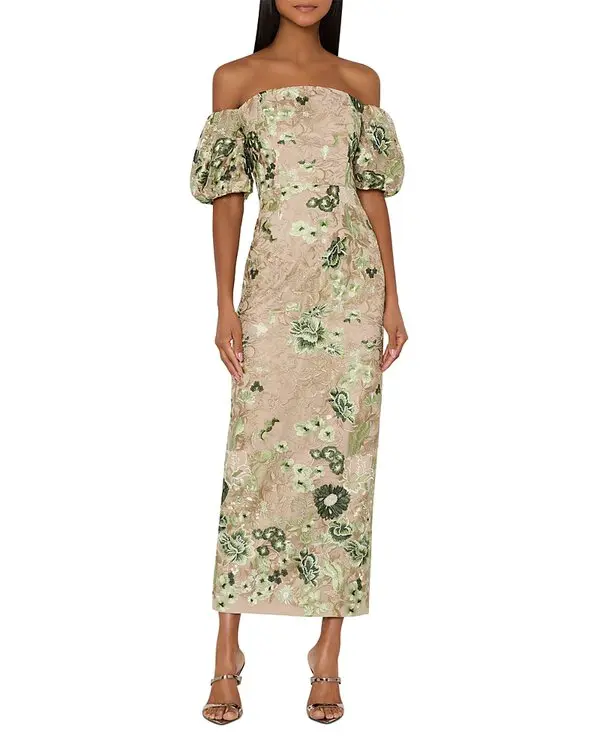MILLY Nene Off The Shoulder Floral Embroidered Dress - White/green
