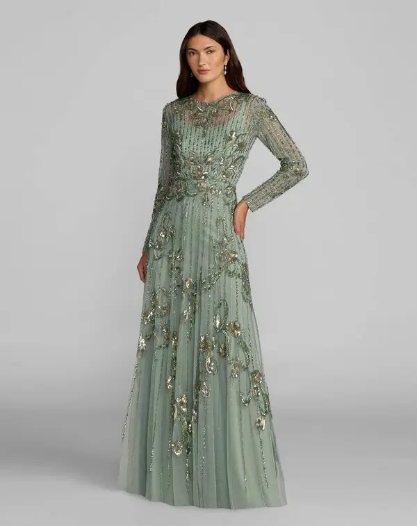 Mac Duggal Embellished Long Sleeve A-line Gown