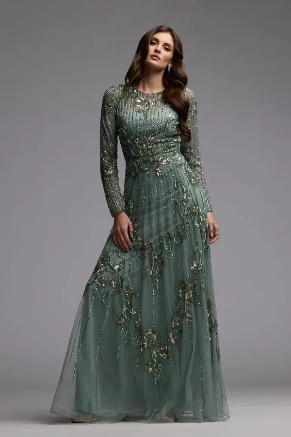Mac Duggal Embellished Long Sleeve A-line Gown