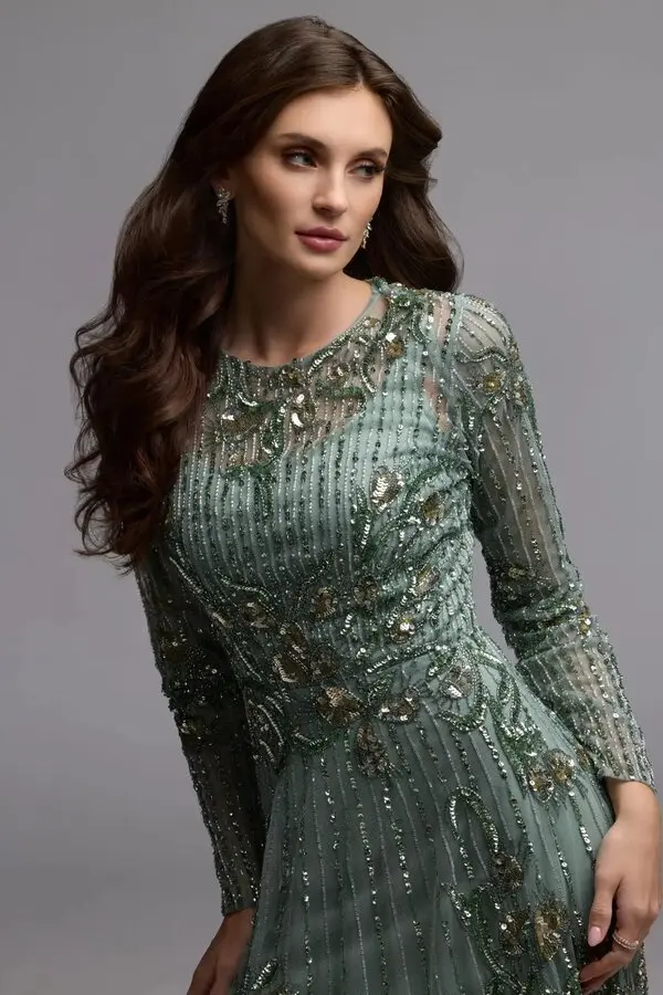 Mac Duggal Embellished Long Sleeve A-line Gown