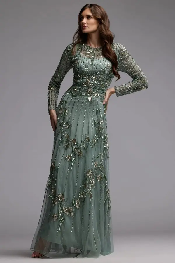 Mac Duggal Embellished Long Sleeve A-line Gown