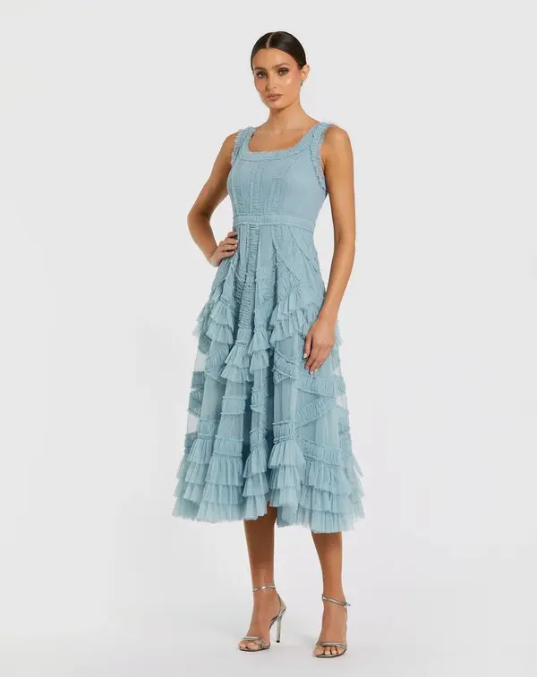 Mac Duggal Petite Scoop Neck Sleeveless Micro Ruffle Midi Dress - Blue