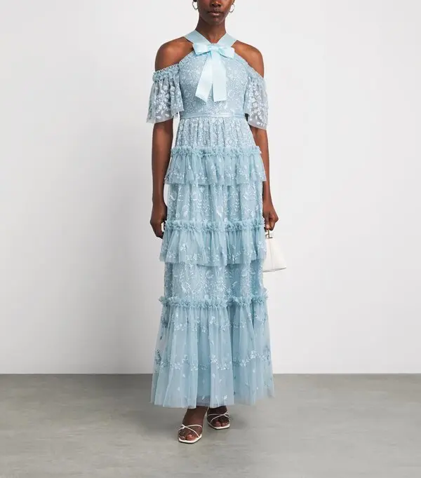 NEEDLE & THREAD Tulle Embroidered Primrose Gown - Blue