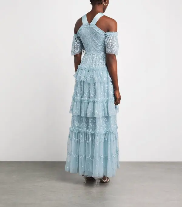 NEEDLE & THREAD Tulle Embroidered Primrose Gown - Blue