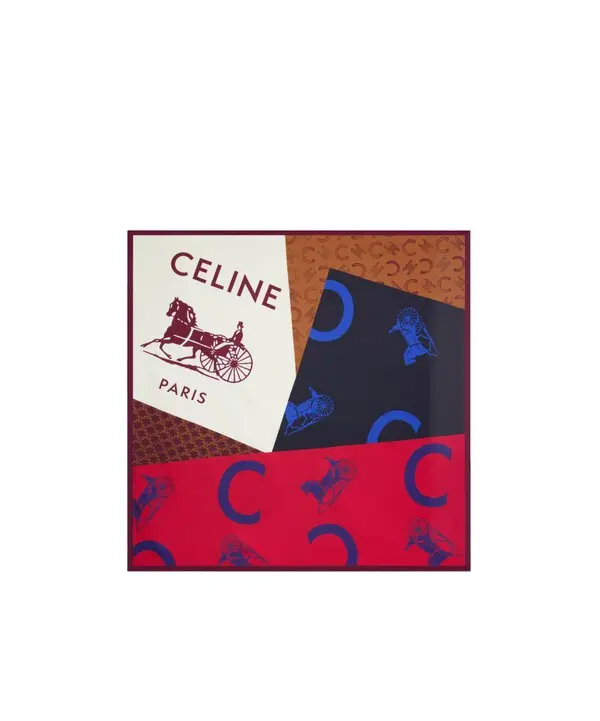 Celine Silk Twill Square Scarf With Logo Print - Tan/red/blue