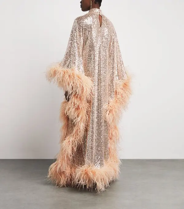 TALLER MARMO Sequined Feather Trimmed Kaftan Maxi Dress