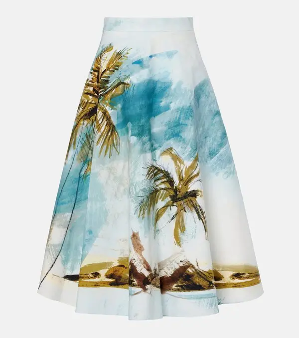 Oscar De La Renta Printed Cotton-blend Poplin Midi Skirt - Blue