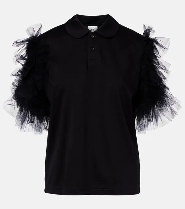 Noir Kei Ninomiya Tulle-trimmed Cotton Polo Shirt - Black