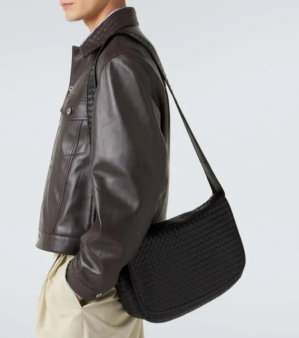Bottega Veneta Large Woven Leather Messenger Bag - Black