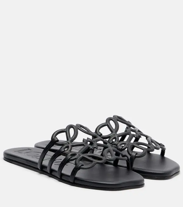 Loewe Petal Anagram Leather Slides - Black
