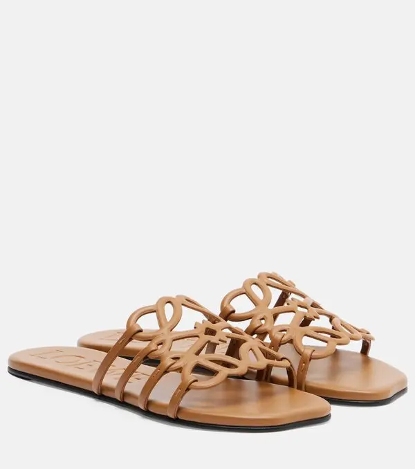Loewe Petal Anagram Leather Slides - Brown