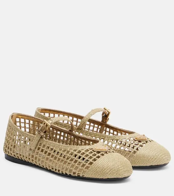 Prada Crochet Mary Jane Flats - Gold