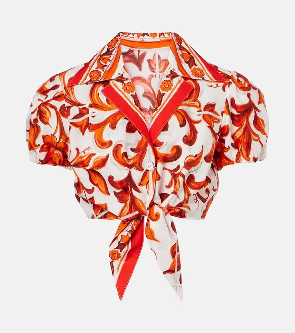 Dolce & Gabbana Majolica Cropped Cotton Poplin Blouse - Orange