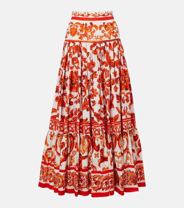 Dolce & Gabbana Majolica Cotton Poplin Maxi Skirt - Orange