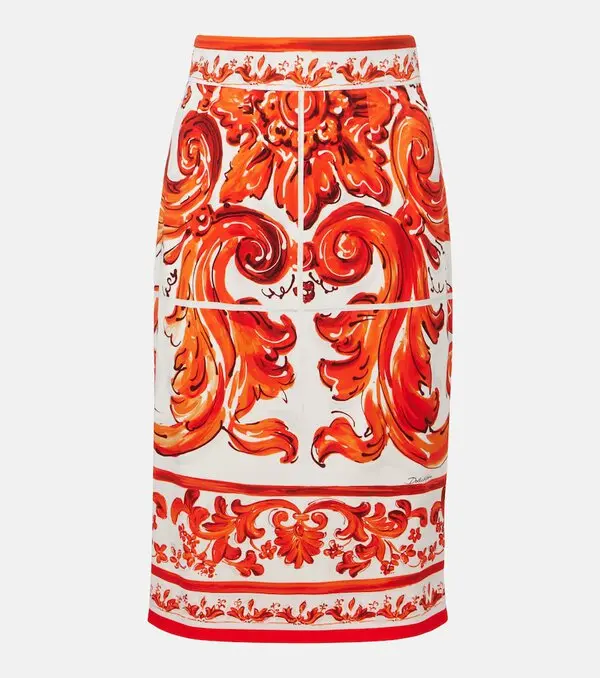 Dolce & Gabbana Majolica Print Silk Blend Pencil Skirt - Orange