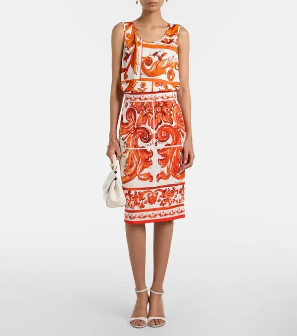 Dolce & Gabbana Majolica Print Silk Blend Pencil Skirt