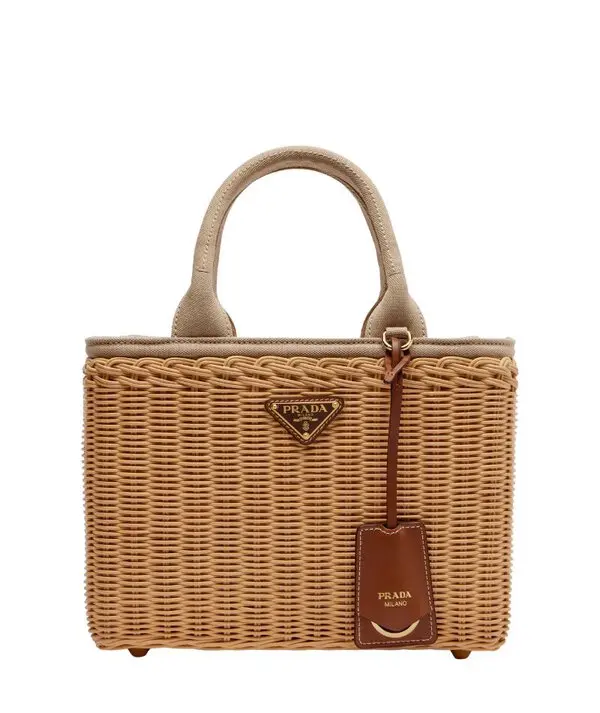 Prada Medium Wicker And Canvas Tote Bag - Beige