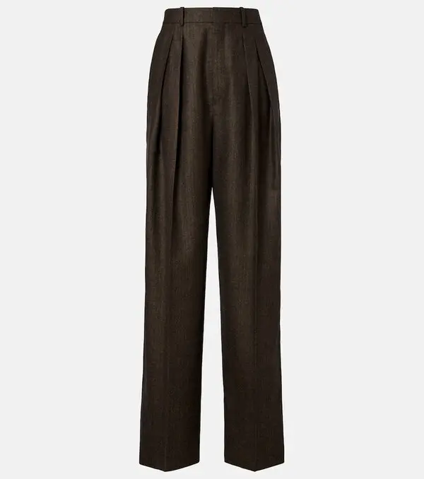 Saint Laurent Herringbone Wool Wide-leg Pants - Brown
