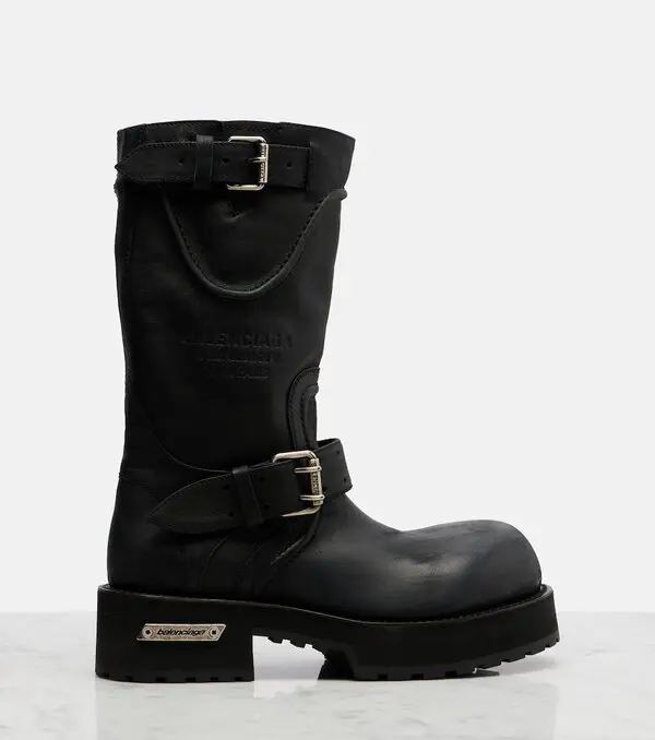 Balenciaga Leather Buckled Combat Boots - Black