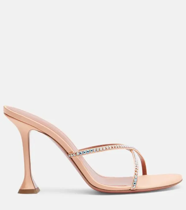 Amina Muaddi Sally Crystal-embellished Satin Mules - Beige
