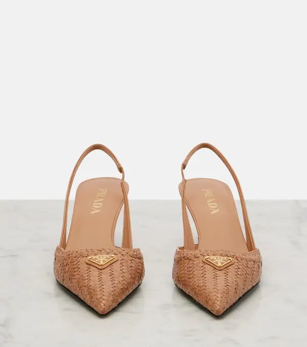 Prada Woven Leather Slingback Pumps - Beige