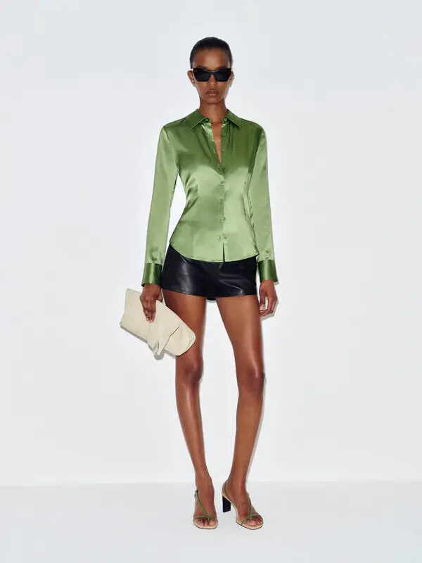 REFORMATION Raya Fitted Silk Shirt Jade - Green