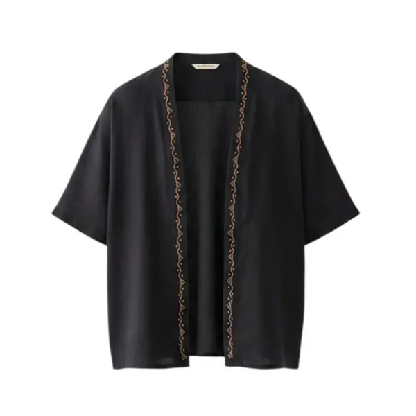 ORIGIN OF HEARTS Noir Hand-embroidered Linen Kimono Shirt - Black
