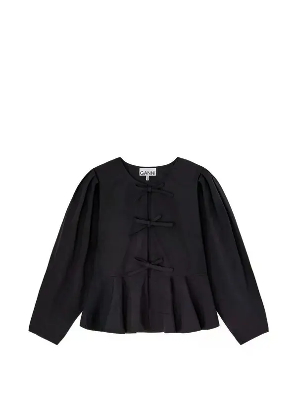 GANNI Peplum Hem Blouse With Bow Detail - Black