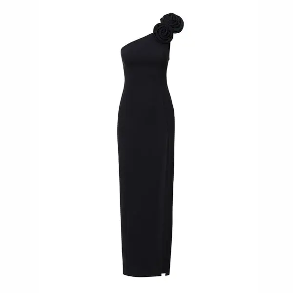 LITA COUTURE Rosette-appliqué Asymmetric Crepe Dress - Black