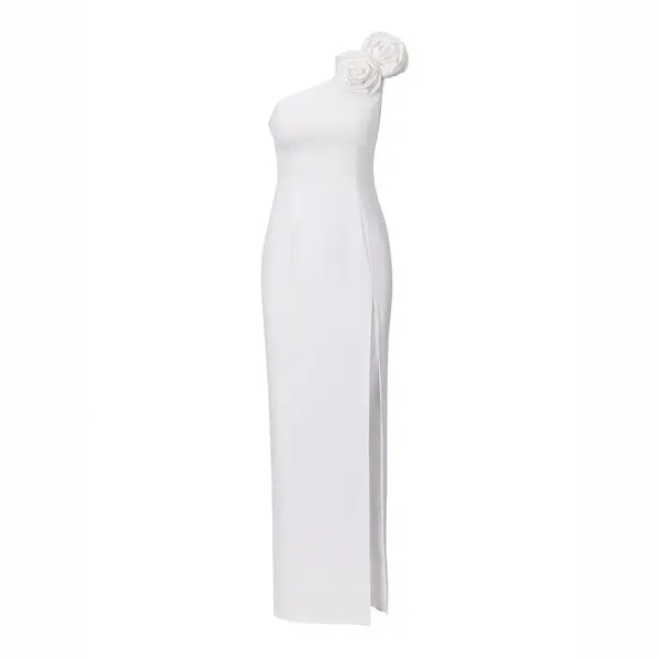 LITA COUTURE Rosette-appliqué Asymmetric Crepe Dress - White