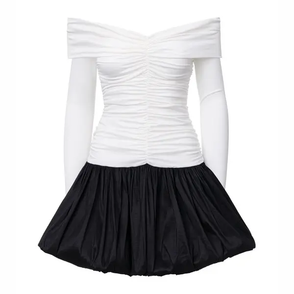 LITA COUTURE Black / White Off-the-shoulder Ruched Bubble Mini Dress In White-black - Black/white
